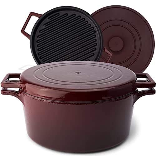 KIVY 6 QT Dutch Oven Pot with Grill Pan Lid - Enamel Dutch Oven for sourdough bread baking - Enameled Cast Iron Dutch Oven with Lid Cast Iron Pot - Instant Dutch Oven Set - Dutch Ovens with Lids