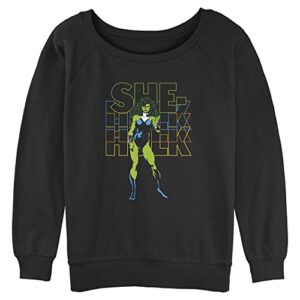 marvel women's classic she hulk junior's raglan pullover with coverstitch, black, small