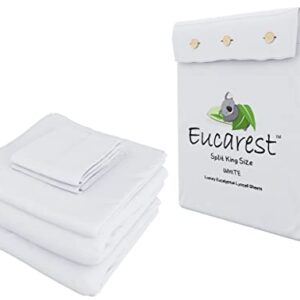 Split-King Eucalyptus Lyocell Bed Sheets, Hypoallergenic 100% Organic Tencel, Thermal Regulating and Moisture Wicking for Hot Sleepers, Superior to Bamboo Viscose. Extra Deep Pockets - White