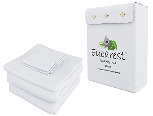 Split-King Eucalyptus Lyocell Bed Sheets, Hypoallergenic 100% Organic Tencel, Thermal Regulating and Moisture Wicking for Hot Sleepers, Superior to Bamboo Viscose. Extra Deep Pockets - White