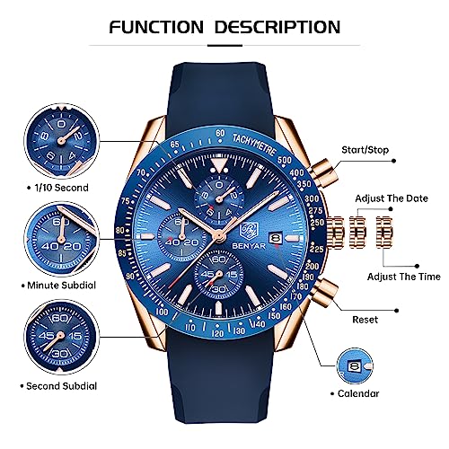 BENYAR Mens Watches Quartz Movement Chronograph Leather Strap Fashion Business Sport Design 30M Waterproof Scratch Resistant Elegant Gifts for Men