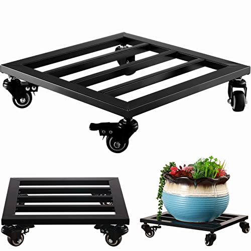 Large Metal Square Plant Caddy with Wheels 13.6” Iron Wrought Rolling Plant Stand with Casters Heavy-Duty Plant Dolly for Indoor and Outdoor Plant Pot Roller Base Square Plant Movers, Glossy Black