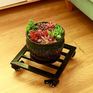 Large Metal Square Plant Caddy with Wheels 13.6” Iron Wrought Rolling Plant Stand with Casters Heavy-Duty Plant Dolly for Indoor and Outdoor Plant Pot Roller Base Square Plant Movers, Glossy Black