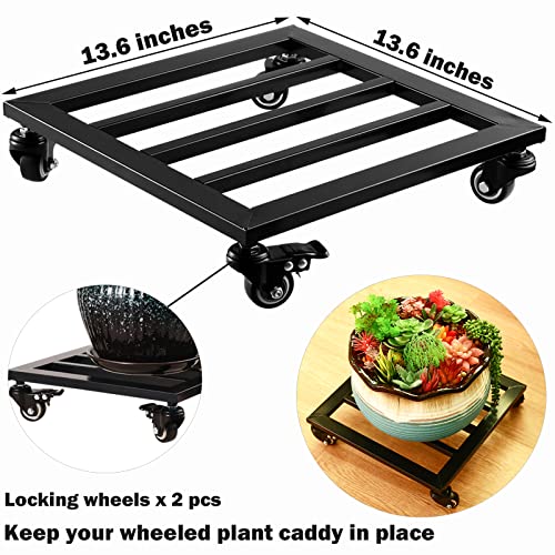 Large Metal Square Plant Caddy with Wheels 13.6” Iron Wrought Rolling Plant Stand with Casters Heavy-Duty Plant Dolly for Indoor and Outdoor Plant Pot Roller Base Square Plant Movers, Glossy Black