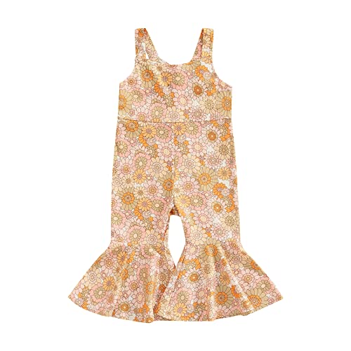 ZyHwShine Girls Flare Outfits One Piece Flower Print Strap Jumpsuit Overalls Bell-Bottoms Leggings Pants Toddler Hippie Outfits (Flower A, 18-24 Months)