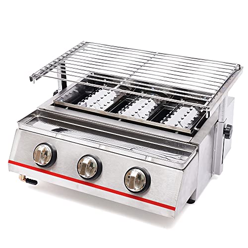 SNKOURIN 3 Burners Gas BBQ Grill,Portable Gas LPG Grill with 3 Independent Switches,Commercial Gas LPG Grill for Outdoor BBQ Benchtop Cooker Stainless Steel