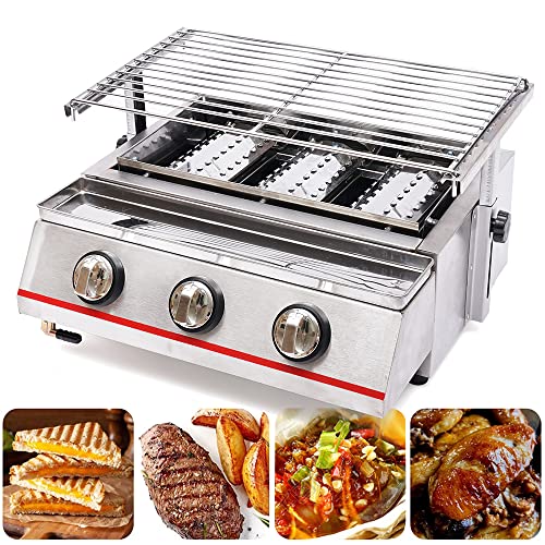 SNKOURIN 3 Burners Gas BBQ Grill,Portable Gas LPG Grill with 3 Independent Switches,Commercial Gas LPG Grill for Outdoor BBQ Benchtop Cooker Stainless Steel