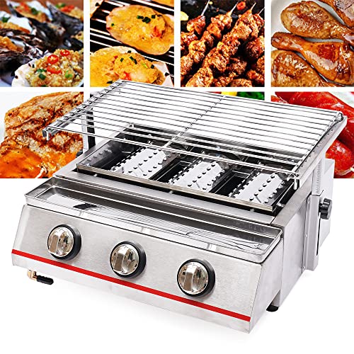 SNKOURIN 3 Burners Gas BBQ Grill,Portable Gas LPG Grill with 3 Independent Switches,Commercial Gas LPG Grill for Outdoor BBQ Benchtop Cooker Stainless Steel