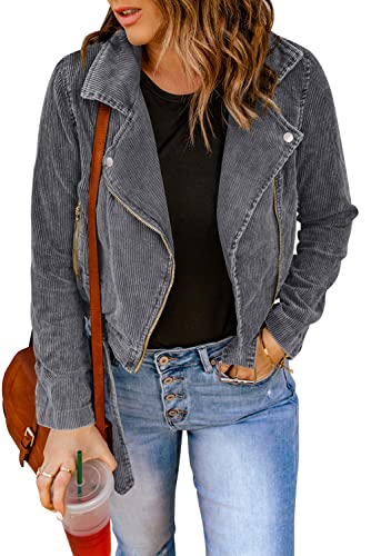 Dokotoo Motorcycle Jackets for Women Winter Fall Zip Up Collar Long Sleeve Zipper Corduroy Casual Fashion Blet Cropped Outerwear Gray Medium