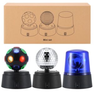 4.5” disco ball, strobe lights, police light 3 in 1 glow in the dark party supplies. battery operated party decorations, 360° rotating stage lights, dj lights, mini disco car lights for disco parties.