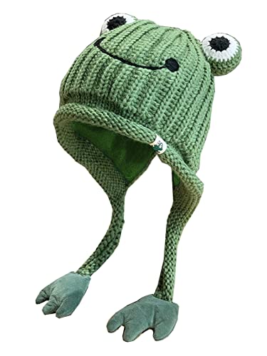 Women Cute Frog Hat Crochet Knitted Hat Big Eye Frog Hat Winter Ear Protective Beanie Knitted Caps Outdoors Green