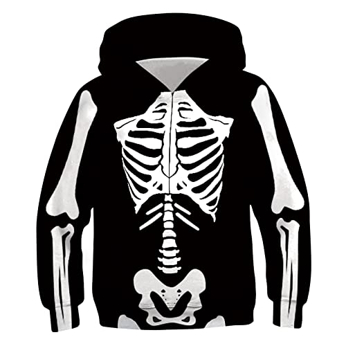 RAISEVERN Boys Girls Hoodies Kids Halloween Skeleton Hoodie Sweatshirts Pullover Hooded 3D Graphics Lightweight Hoody for Autumn Spring 6-16T