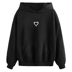 Milumia Girl's Cute Hoodie Heart Print Pocket Front Sweatshirts Drop Shoulder Casual Pullovers for Kid's Fall Outfits A Black