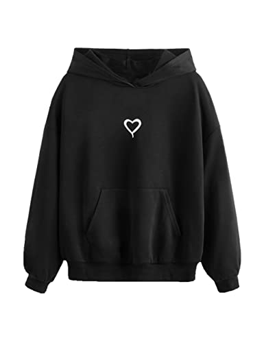 Milumia Girl's Cute Hoodie Heart Print Pocket Front Sweatshirts Drop Shoulder Casual Pullovers for Kid's Fall Outfits A Black