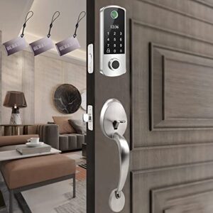 bebasia fingerprint door lock with handles, keyless entry door lock, auto lock & 1 touch locking, anti-peeping password, 300 users, ic cards, oled display electronic smart deadbolt (satin nickel)