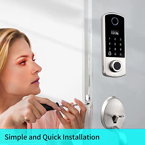 BEBASIA Fingerprint Door Lock with Handles, Keyless Entry Door Lock, Auto Lock & 1 Touch Locking, Anti-Peeping Password, 300 Users, IC Cards, OLED Display Electronic Smart Deadbolt (Satin Nickel)