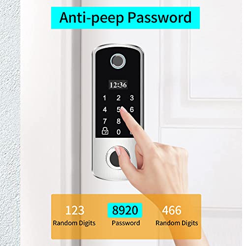 BEBASIA Fingerprint Door Lock with Handles, Keyless Entry Door Lock, Auto Lock & 1 Touch Locking, Anti-Peeping Password, 300 Users, IC Cards, OLED Display Electronic Smart Deadbolt (Satin Nickel)