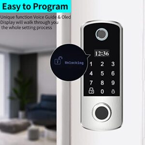 BEBASIA Fingerprint Door Lock with Handles, Keyless Entry Door Lock, Auto Lock & 1 Touch Locking, Anti-Peeping Password, 300 Users, IC Cards, OLED Display Electronic Smart Deadbolt (Satin Nickel)