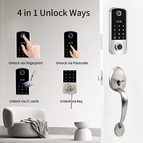 BEBASIA Fingerprint Door Lock with Handles, Keyless Entry Door Lock, Auto Lock & 1 Touch Locking, Anti-Peeping Password, 300 Users, IC Cards, OLED Display Electronic Smart Deadbolt (Satin Nickel)