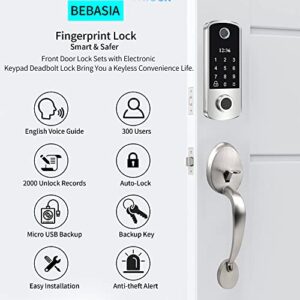 BEBASIA Fingerprint Door Lock with Handles, Keyless Entry Door Lock, Auto Lock & 1 Touch Locking, Anti-Peeping Password, 300 Users, IC Cards, OLED Display Electronic Smart Deadbolt (Satin Nickel)