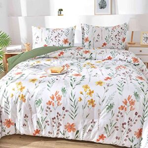 full size comforter set, white yellow floral, green leaf pattern print reversible down alternative bed sets - 80 x 90 3pc soft microfiber flower duvet vintage farmhouse bedding in a bag for women men