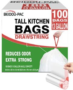 beidou-pac trash bags 13 gallon drawstring, 100 count, multifold roll garbage bags, tall kitchen trash bag, odorless & extra strength white plastic food scrap bag for home office bathroom kitchen bins