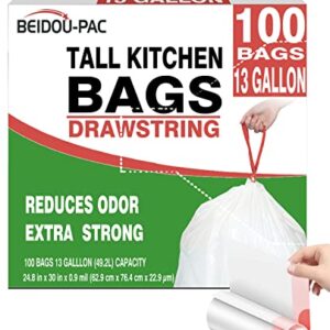 BEIDOU-PAC Trash Bags 13 Gallon Drawstring, 100 Count, Multifold Roll Garbage Bags, Tall Kitchen Trash Bag, Odorless & Extra strength White Plastic Food Scrap Bag for Home Office Bathroom Kitchen Bins