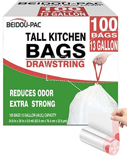 BEIDOU-PAC Trash Bags 13 Gallon Drawstring, 100 Count, Multifold Roll Garbage Bags, Tall Kitchen Trash Bag, Odorless & Extra strength White Plastic Food Scrap Bag for Home Office Bathroom Kitchen Bins