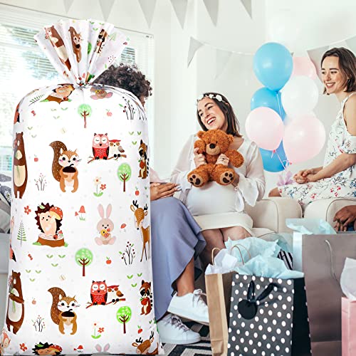 Teling 2 Pcs 70"x 40" Woodland Animals Large Jumbo Gift Bag for Giant Gifts, Oversize Plastic Present Bag for Huge Gifts Wrapping Bags with Gift Ribbons for Woodland Birthday Baby Shower Party