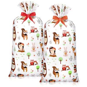 teling 2 pcs 70"x 40" woodland animals large jumbo gift bag for giant gifts, oversize plastic present bag for huge gifts wrapping bags with gift ribbons for woodland birthday baby shower party