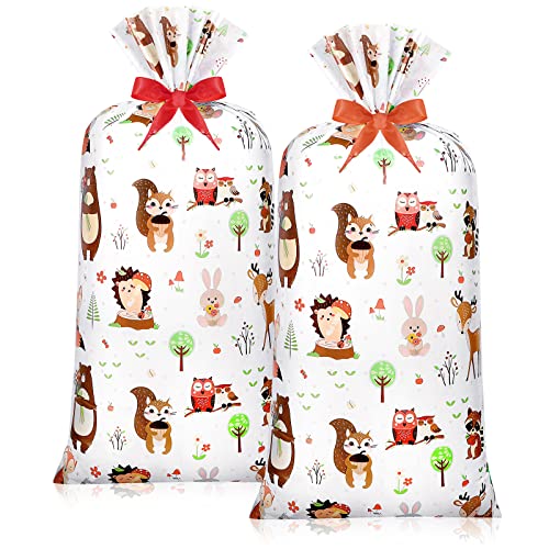 Teling 2 Pcs 70"x 40" Woodland Animals Large Jumbo Gift Bag for Giant Gifts, Oversize Plastic Present Bag for Huge Gifts Wrapping Bags with Gift Ribbons for Woodland Birthday Baby Shower Party