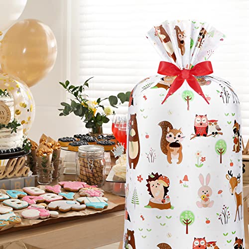 Teling 2 Pcs 70"x 40" Woodland Animals Large Jumbo Gift Bag for Giant Gifts, Oversize Plastic Present Bag for Huge Gifts Wrapping Bags with Gift Ribbons for Woodland Birthday Baby Shower Party