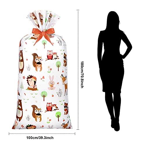 Teling 2 Pcs 70"x 40" Woodland Animals Large Jumbo Gift Bag for Giant Gifts, Oversize Plastic Present Bag for Huge Gifts Wrapping Bags with Gift Ribbons for Woodland Birthday Baby Shower Party