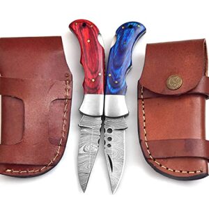 handmade damascus pocket knife for men with leather sheath | 2 pcs tactical folding pocket knife set with back lock | best edc bushcraft knifes for fishing, camping, hiking | damascus steel blade foldable hunting belt knife with horizontal carry sheath |