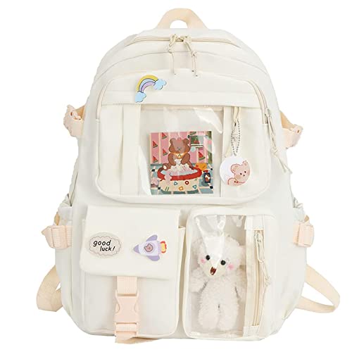 FETNHU Preppy Backpack, Kawaii Backpack with Kawaii Pin And Accessories for Girls School Cute Aesthetic Backpack (White)