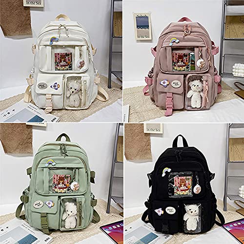 FETNHU Preppy Backpack, Kawaii Backpack with Kawaii Pin And Accessories for Girls School Cute Aesthetic Backpack (White)