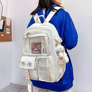 FETNHU Preppy Backpack, Kawaii Backpack with Kawaii Pin And Accessories for Girls School Cute Aesthetic Backpack (White)