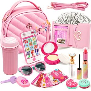 kids pretend play little girl purse accessories, princess toy cell phone fake makeup handbag wallet sunglasses keys credit card water bottle birthday gifts toys for 3 4 5 6 7 8 9 10+ year old girls