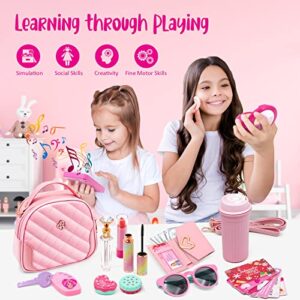 Kids Pretend Play Little Girl Purse Accessories, Princess Toy Cell Phone Fake Makeup Handbag Wallet Sunglasses Keys Credit Card Water Bottle Birthday Gifts Toys for 3 4 5 6 7 8 9 10+ Year Old Girls