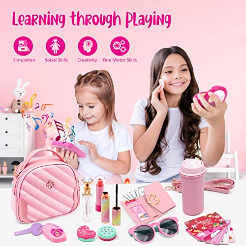 Kids Pretend Play Little Girl Purse Accessories, Princess Toy Cell Phone Fake Makeup Handbag Wallet Sunglasses Keys Credit Card Water Bottle Birthday Gifts Toys for 3 4 5 6 7 8 9 10+ Year Old Girls