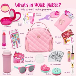 Kids Pretend Play Little Girl Purse Accessories, Princess Toy Cell Phone Fake Makeup Handbag Wallet Sunglasses Keys Credit Card Water Bottle Birthday Gifts Toys for 3 4 5 6 7 8 9 10+ Year Old Girls