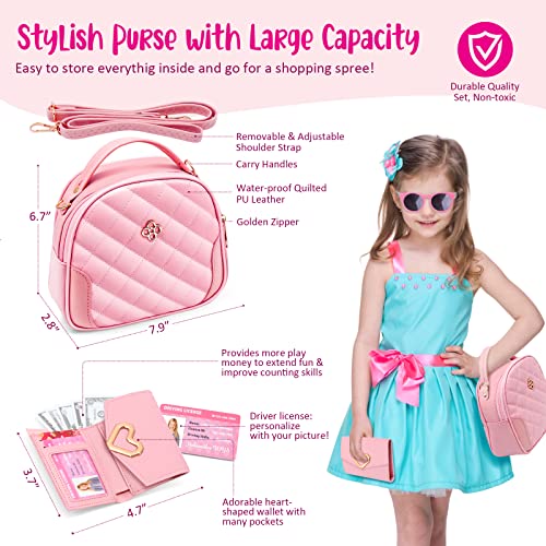 Kids Pretend Play Little Girl Purse Accessories, Princess Toy Cell Phone Fake Makeup Handbag Wallet Sunglasses Keys Credit Card Water Bottle Birthday Gifts Toys for 3 4 5 6 7 8 9 10+ Year Old Girls