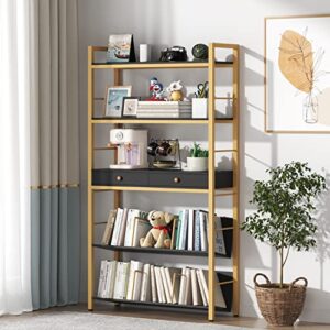 yaohuoo bookshelf with 2 drawers-31.5” widen industrial book shelf with bookend, 5 tiers tall storage shelves, steel frame display rack, suitable for bedroom,office,living room,bathroom