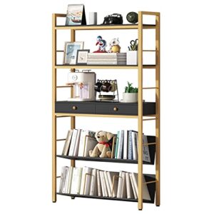 YAOHUOO Bookshelf with 2 Drawers-31.5” Widen Industrial Book Shelf with Bookend, 5 Tiers Tall Storage Shelves, Steel Frame Display Rack, Suitable for Bedroom,Office,Living Room,Bathroom