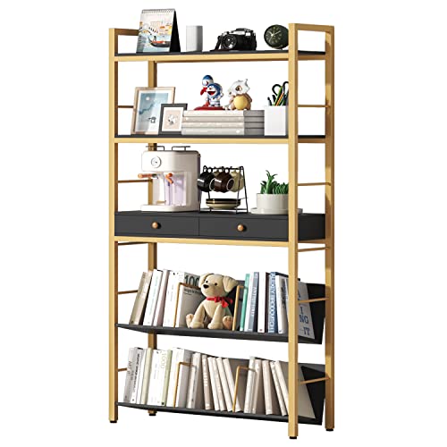 YAOHUOO Bookshelf with 2 Drawers-31.5” Widen Industrial Book Shelf with Bookend, 5 Tiers Tall Storage Shelves, Steel Frame Display Rack, Suitable for Bedroom,Office,Living Room,Bathroom