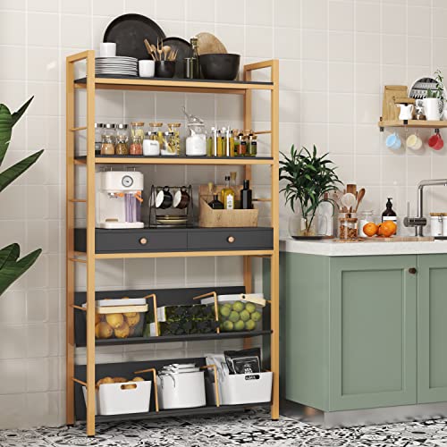 YAOHUOO Bookshelf with 2 Drawers-31.5” Widen Industrial Book Shelf with Bookend, 5 Tiers Tall Storage Shelves, Steel Frame Display Rack, Suitable for Bedroom,Office,Living Room,Bathroom