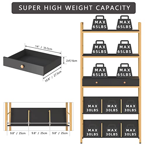 YAOHUOO Bookshelf with 2 Drawers-31.5” Widen Industrial Book Shelf with Bookend, 5 Tiers Tall Storage Shelves, Steel Frame Display Rack, Suitable for Bedroom,Office,Living Room,Bathroom