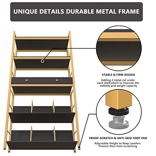 YAOHUOO Bookshelf with 2 Drawers-31.5” Widen Industrial Book Shelf with Bookend, 5 Tiers Tall Storage Shelves, Steel Frame Display Rack, Suitable for Bedroom,Office,Living Room,Bathroom