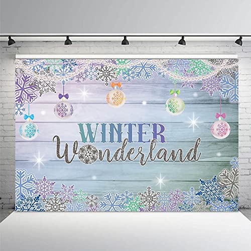 MEHOFOND 7x5ft Winter Wonderland Christmas Rustic Wood Backdrop for Photography Ice Blue Snowflake Boy Girl Birthday Background Baby Shower Party Decorations Photo Booth Props