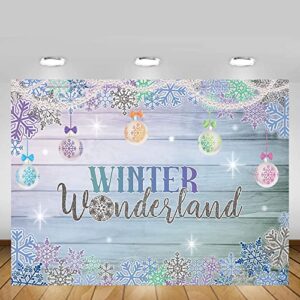 MEHOFOND 7x5ft Winter Wonderland Christmas Rustic Wood Backdrop for Photography Ice Blue Snowflake Boy Girl Birthday Background Baby Shower Party Decorations Photo Booth Props